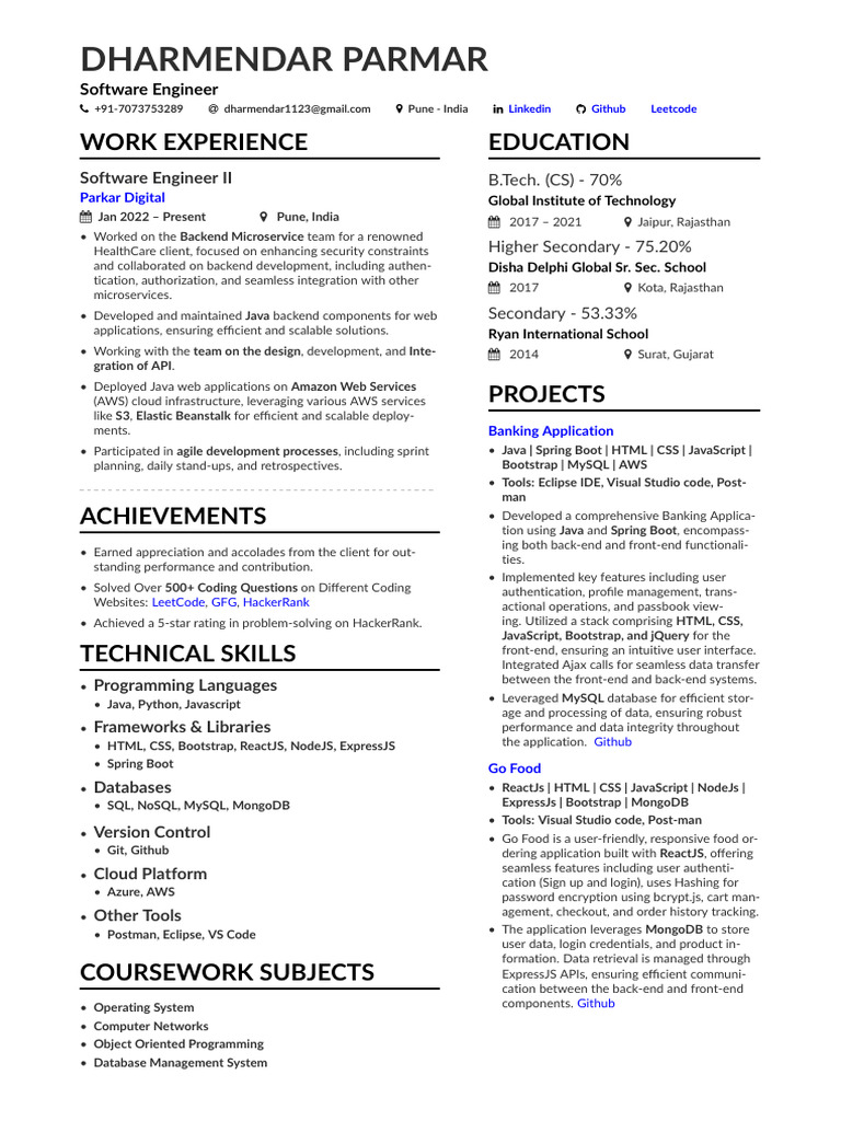 Dharmendar Parmar - Software Engineer Profile | PDF | Bootstrap (Front ...