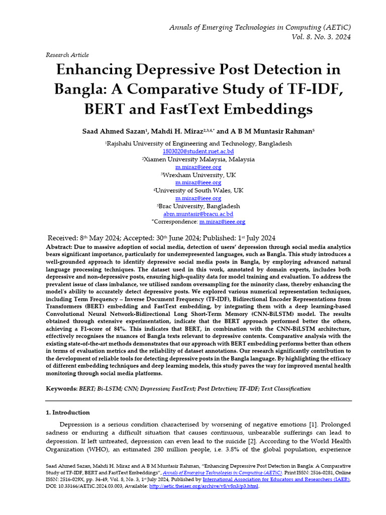 Enhancing Depressive Post Detection in Bangla - A Comparative Study of TF-IDF, BERT and FastText ...