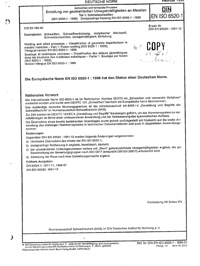 Din en Iso 6520-1 - 1999 | PDF