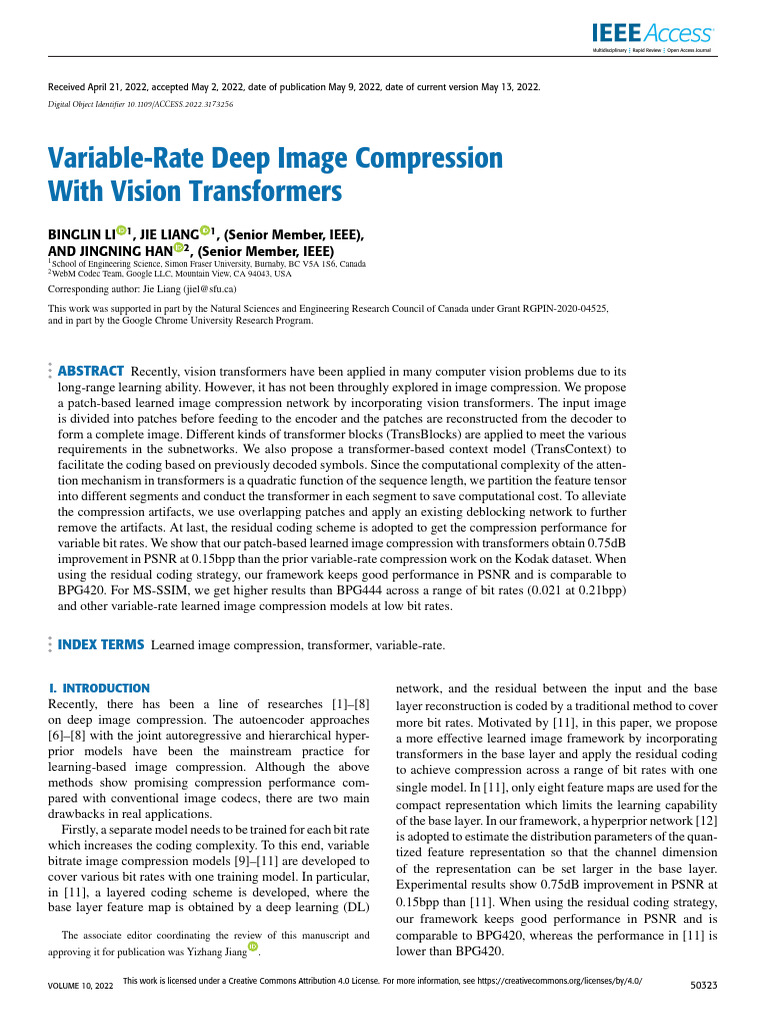 Variable Rate Deep Image Compression With Vision Transformers Pdf Data Compression Bit Rate