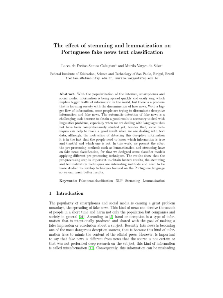The Effect Of Stemming And Lemmatization On Portuguese Fake News Text Classification Pdf