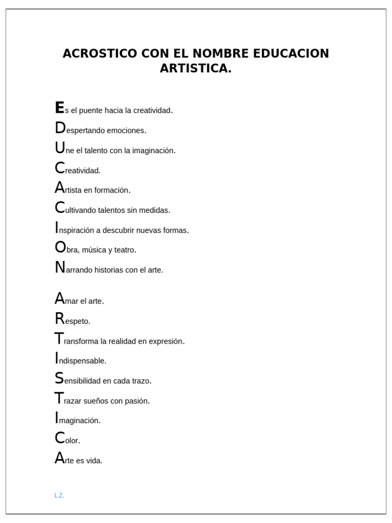 Acrostico Con El Nombre Educacion Artistica | PDF