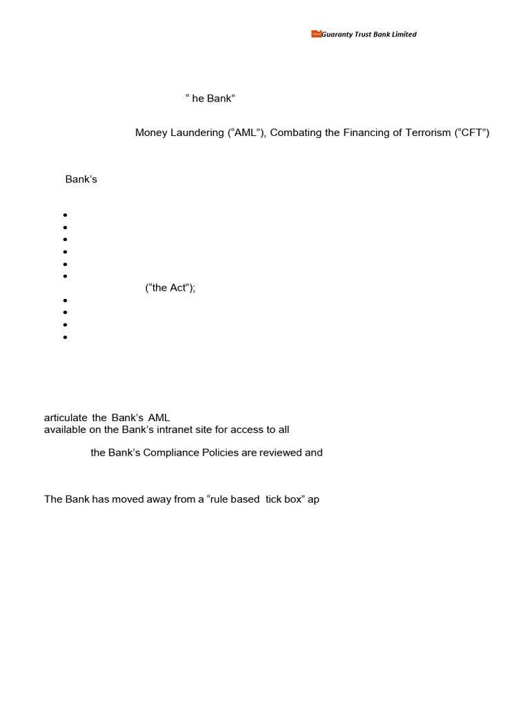 GTBank AML/CFT Compliance Framework | PDF | Business