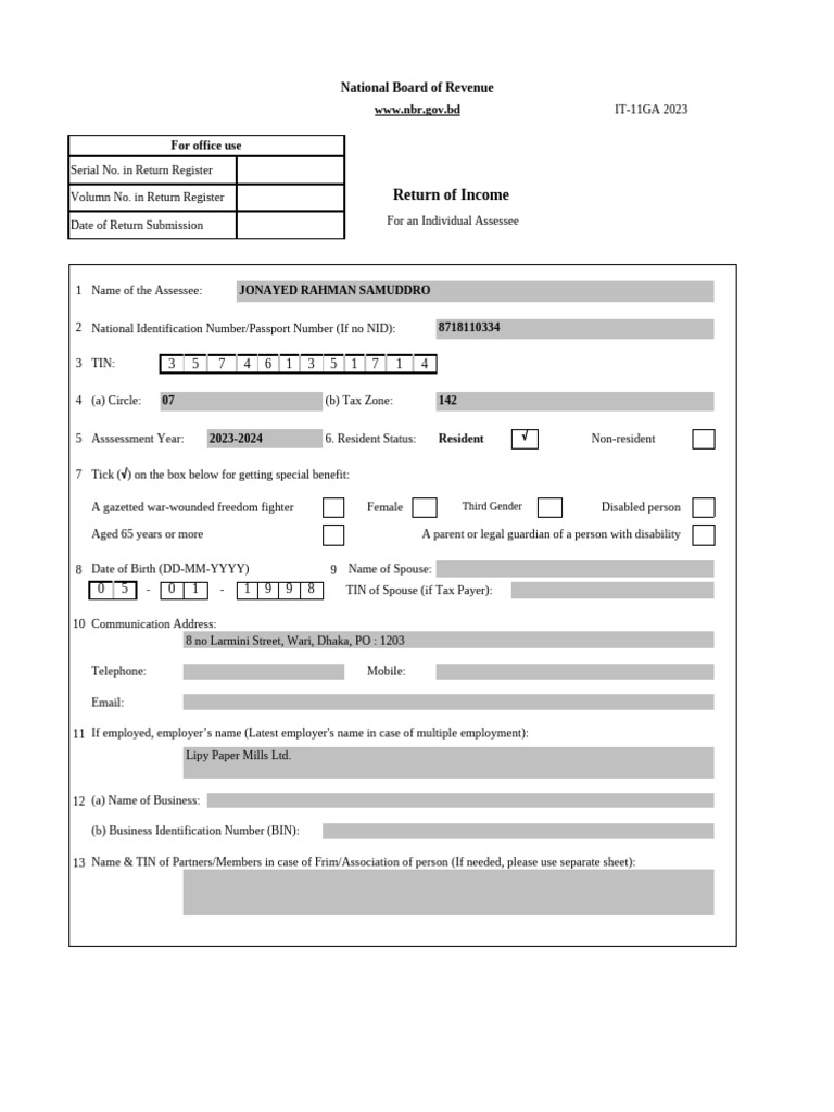 TX Rtn'23 Jonayed Rahman Samuddro | PDF | Expense | Taxes