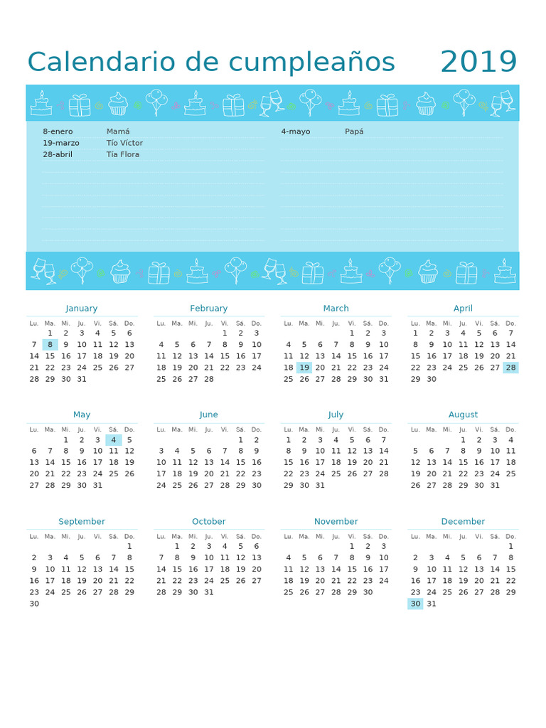 Calendario de Cumpleaños 2019 | PDF