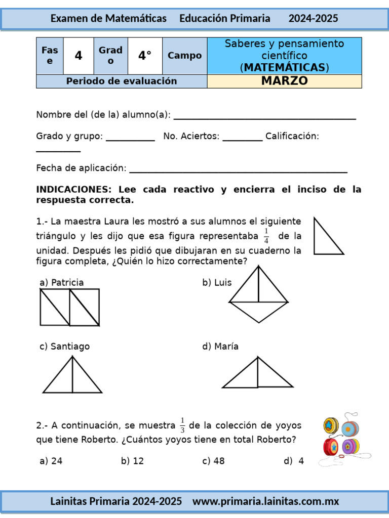 4to Grado Marzo - 09 Matemáticas Examen (2024-2025) | PDF | Geometría ...