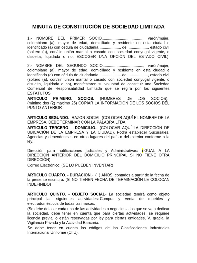 Minuta de Constitución de Sociedad Limitada | PDF | Sociedad de responsabilidad limitada | Business
