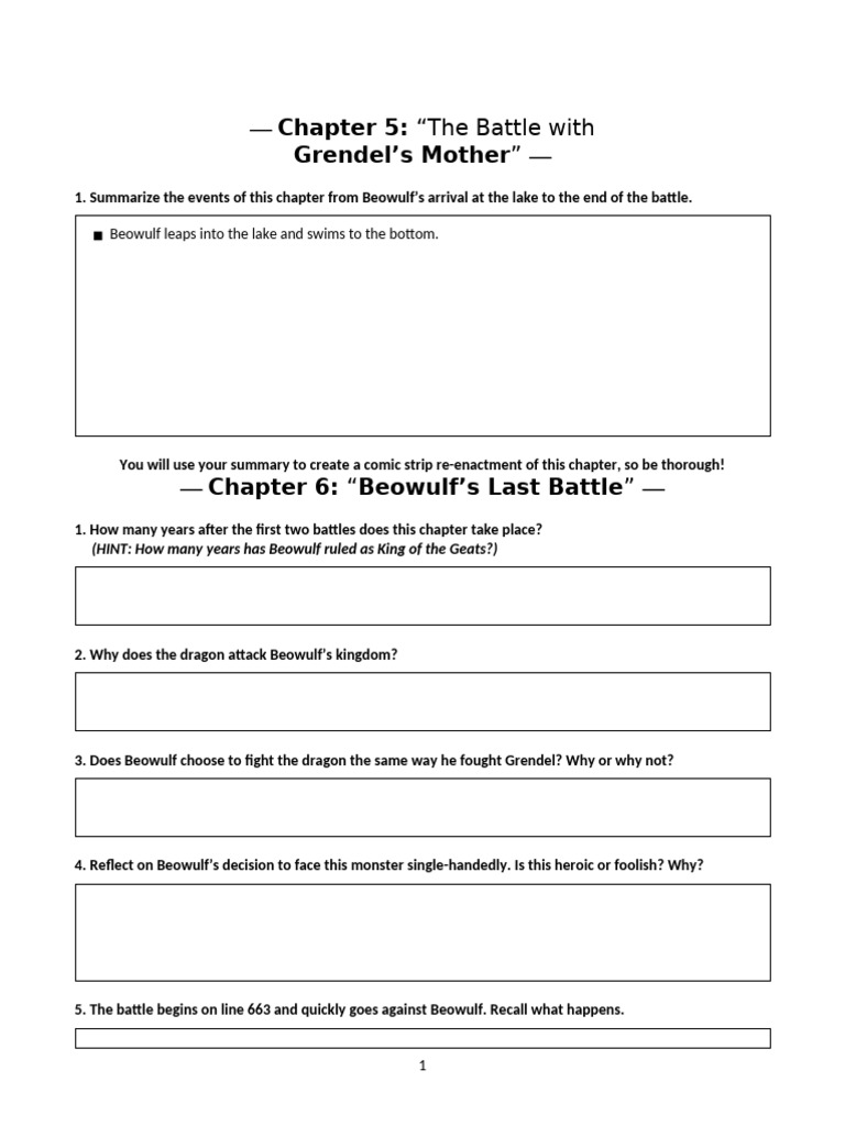 Ch. 5&6 Beowulf Guided Reading Notes | PDF