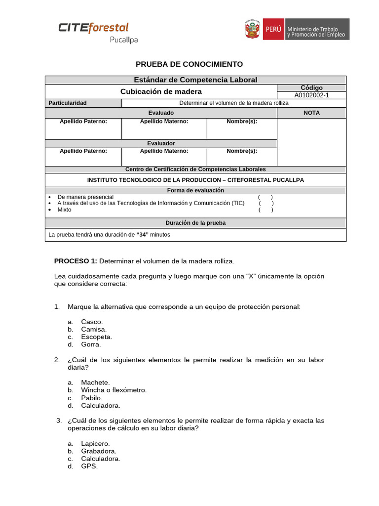Anexo 1-B - Prueba de Conocimiento - P. Producto Madera Rolliza | PDF ...