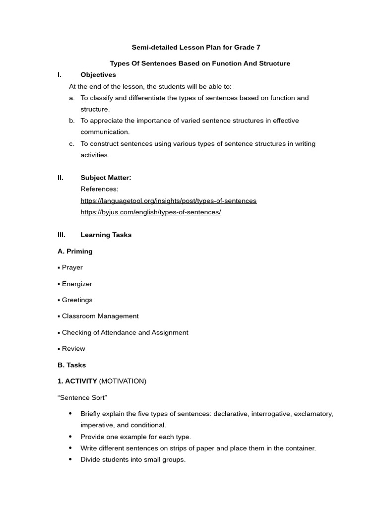 Semi-Detailed Lesson Plan | PDF | Grammar | Syntax
