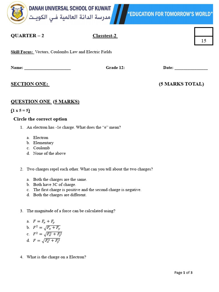 Q2 - Grade 12 - Physics Ii - Classtest - Set 2 | PDF | Electric Field ...