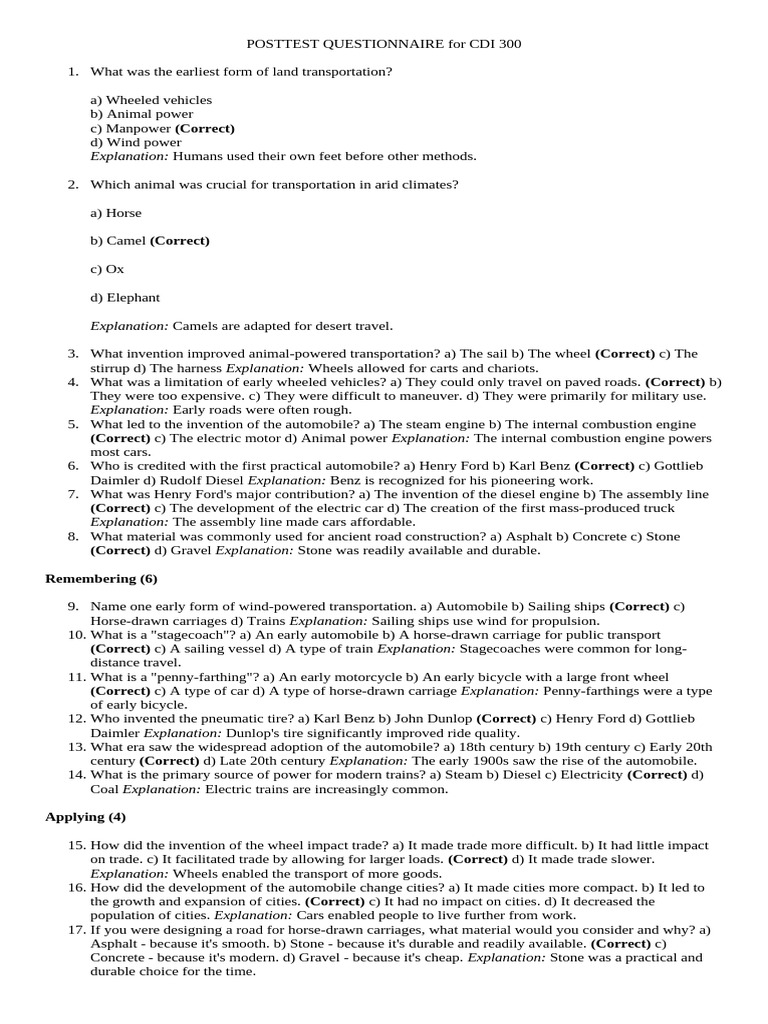 CDI 300 Posttest Questionnaire: Transportation | PDF | Traffic ...