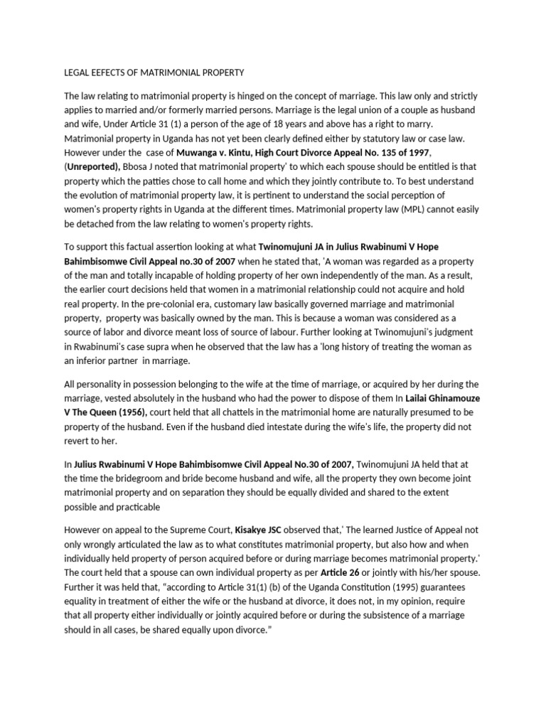 Matrimonial Property Law in Uganda | PDF | Marriage | Wife