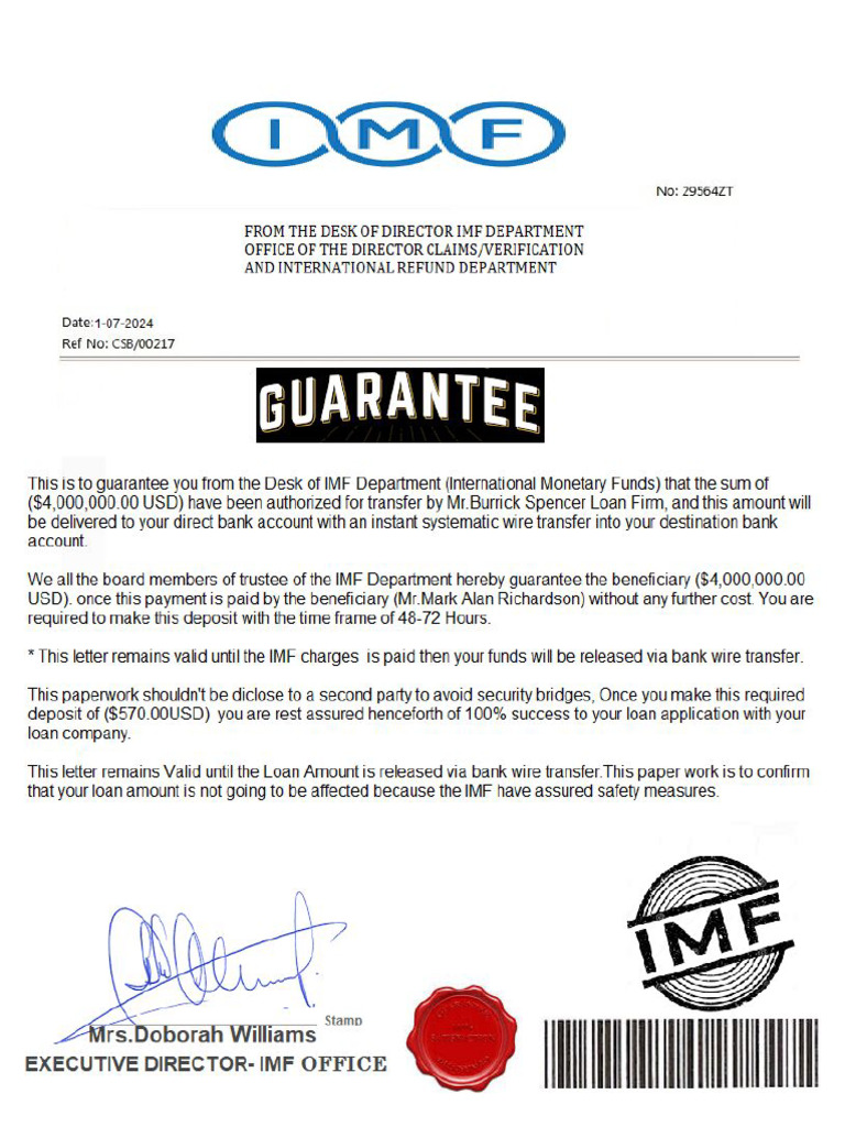 IMF Guarantee Letter (Mark Alan Richardson) | PDF