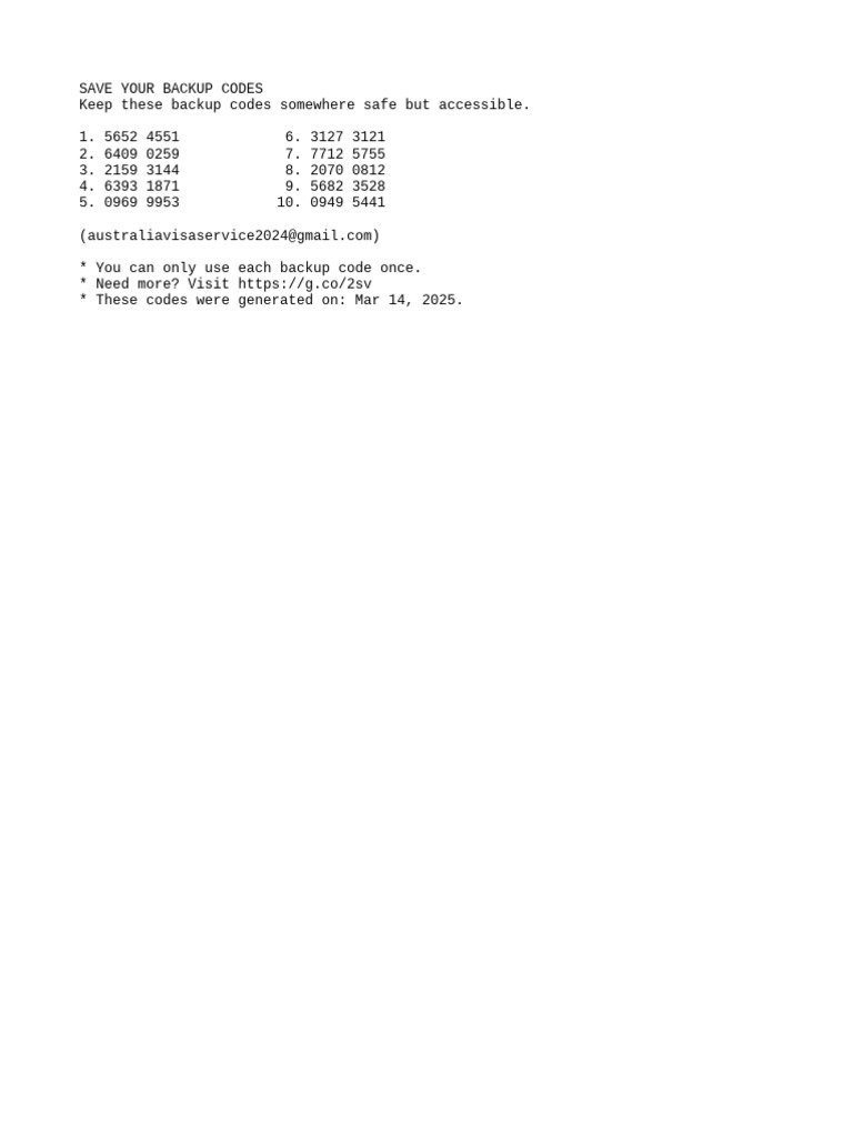 Backup Codes Australiavisaservice2024 | PDF