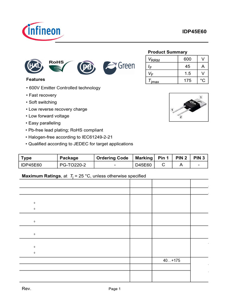 Infineon IDP45E60 DataSheet v02 - 05 EN | PDF | Printed Circuit Board | Diode