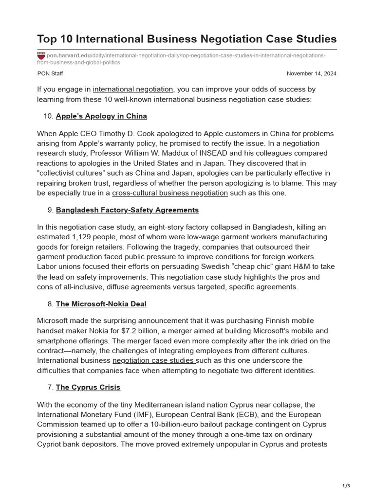 Top 10 International Business Negotiation Case Studies | PDF | International Relations | Global ...