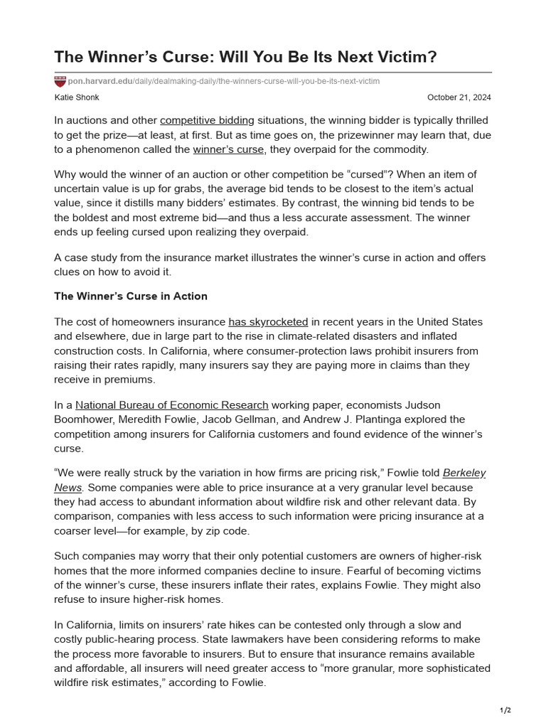 The Winners Curse Will You Be Its Next Victim | PDF | Auction | Insurance