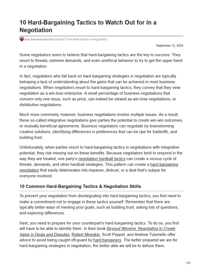 10 Hard-Bargaining Tactics To Watch Out For in A Negotiation | PDF ...