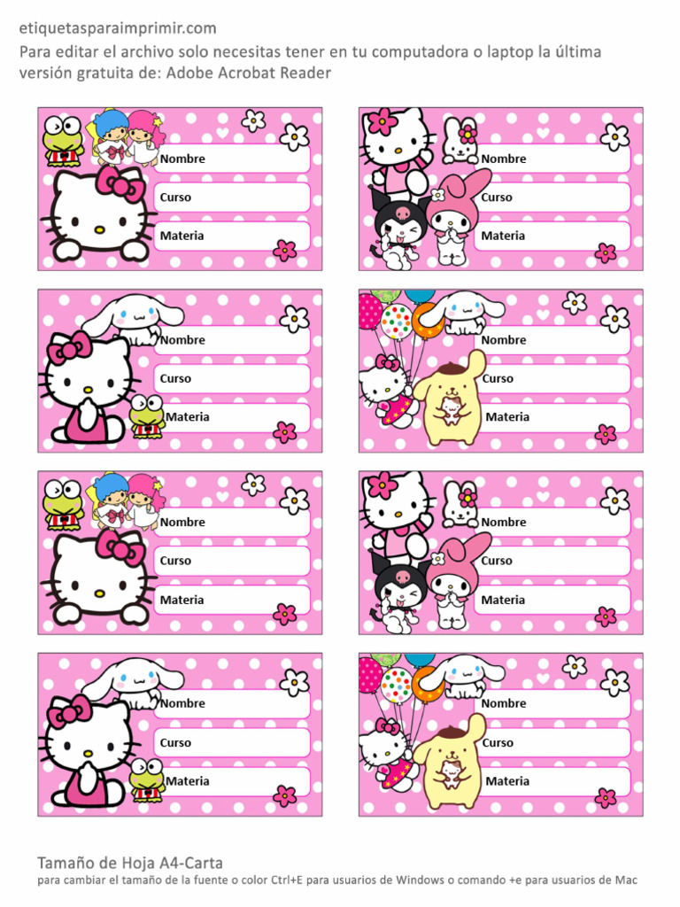 Etiquetas Escolares Hello Kitty para Imprimir 2 | PDF