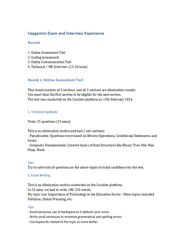 Capgemini Exam Interview Experience | PDF