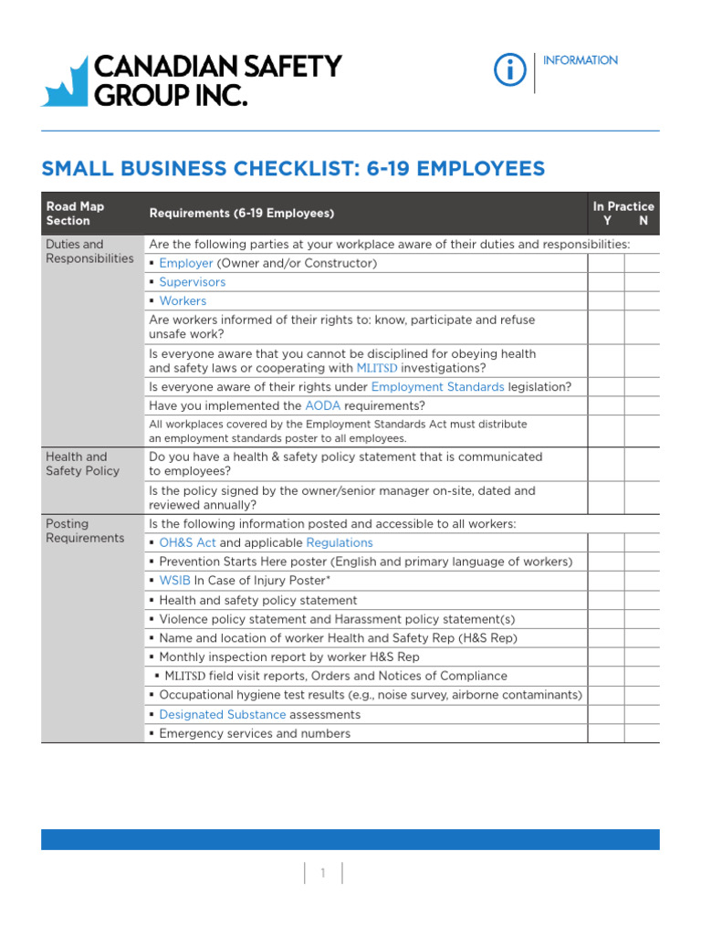 Small Business Safety Checklist (6-19 Employees) | PDF | Occupational ...