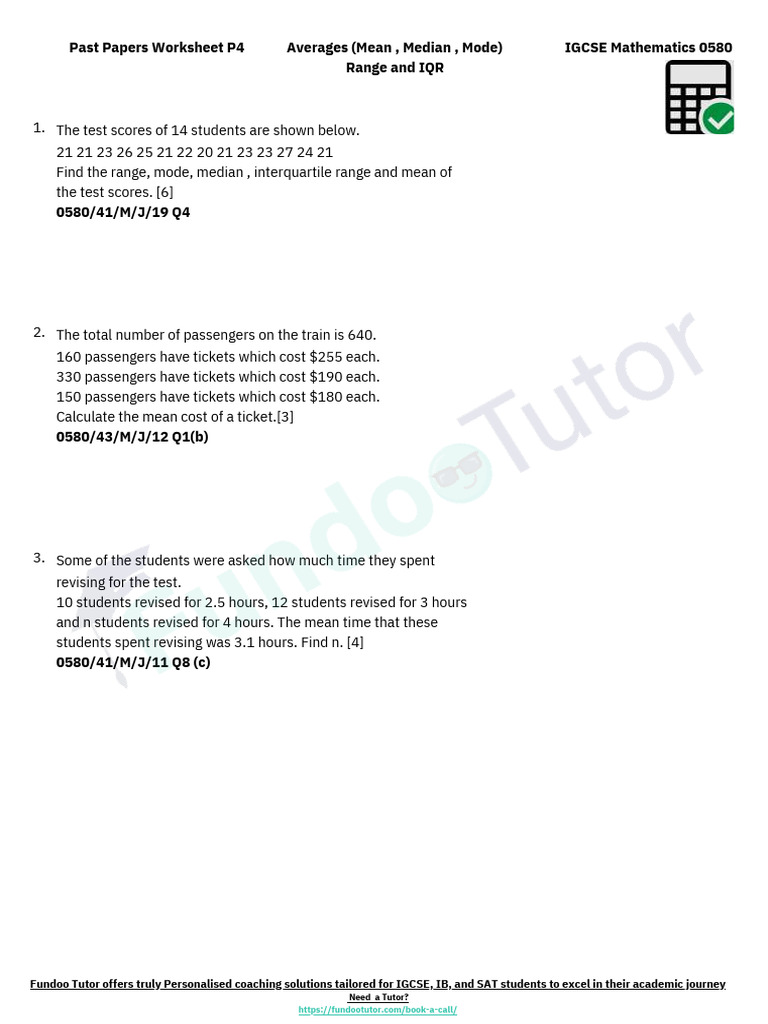 IGCSE Math 0580 Averages Mean Median Mode and Ranges Past Paper Worksheet P4 | PDF | Descriptive ...