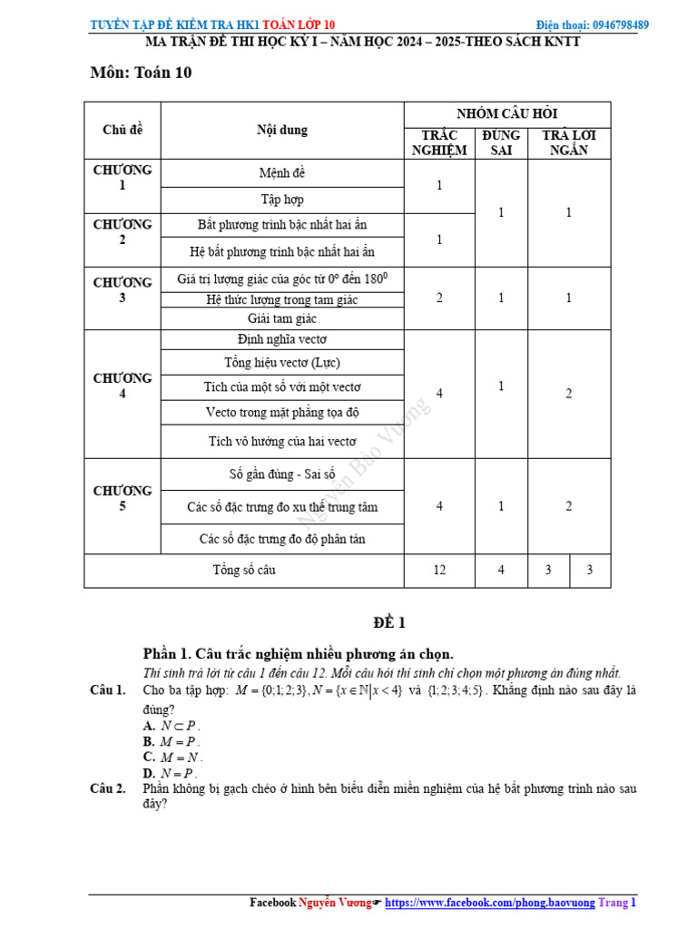 (Nbv)-10 Đề Kiểm Tra Hk1 - Toán 10-Kntt-trang-1-Đã Gộp | PDF