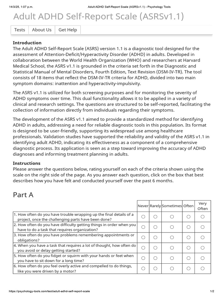 Adult ADHD Self-Report Scale (ASRSv1.1) - Psychology Tools | PDF ...