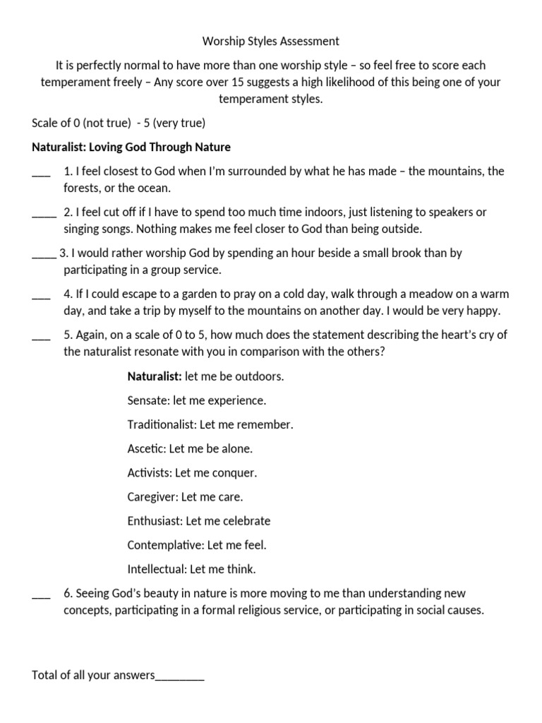 Worship Style and Temperament Assessment | PDF | Prayer | Christian ...