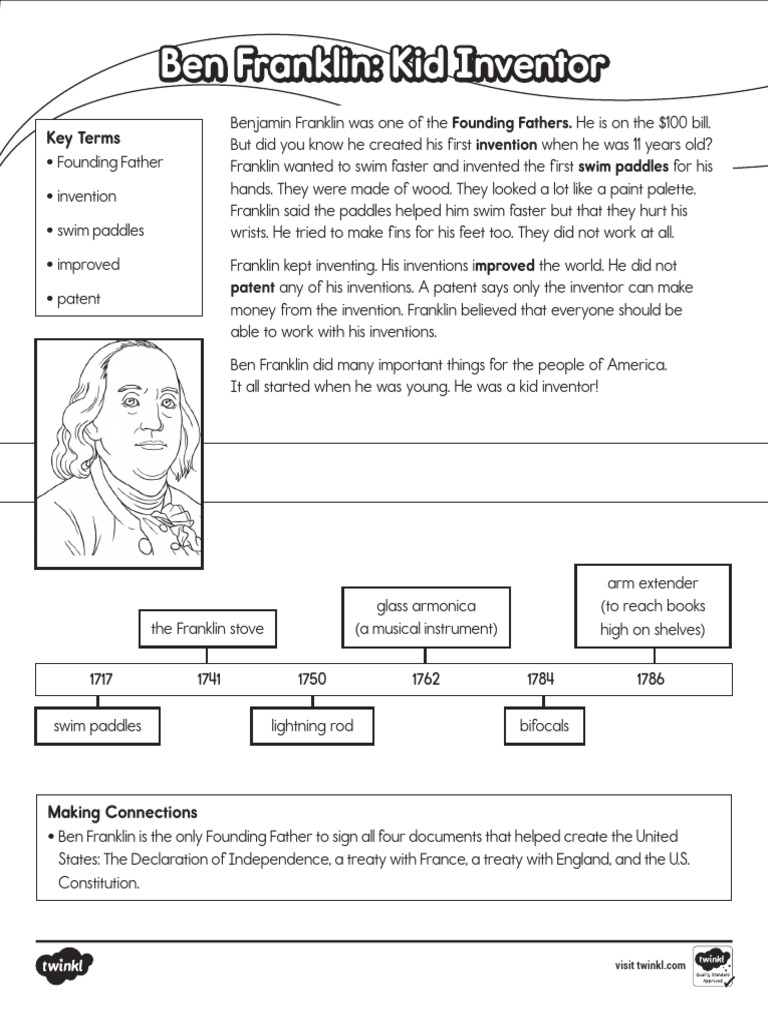 BW Second Grade Ben Franklin - Kid Inventor Fact File and Vocabulary ...