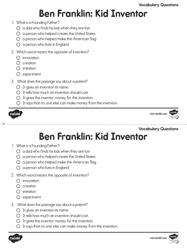 Vocabulary Questions Second Grade Ben Franklin- Kid Inventor Fact File ...
