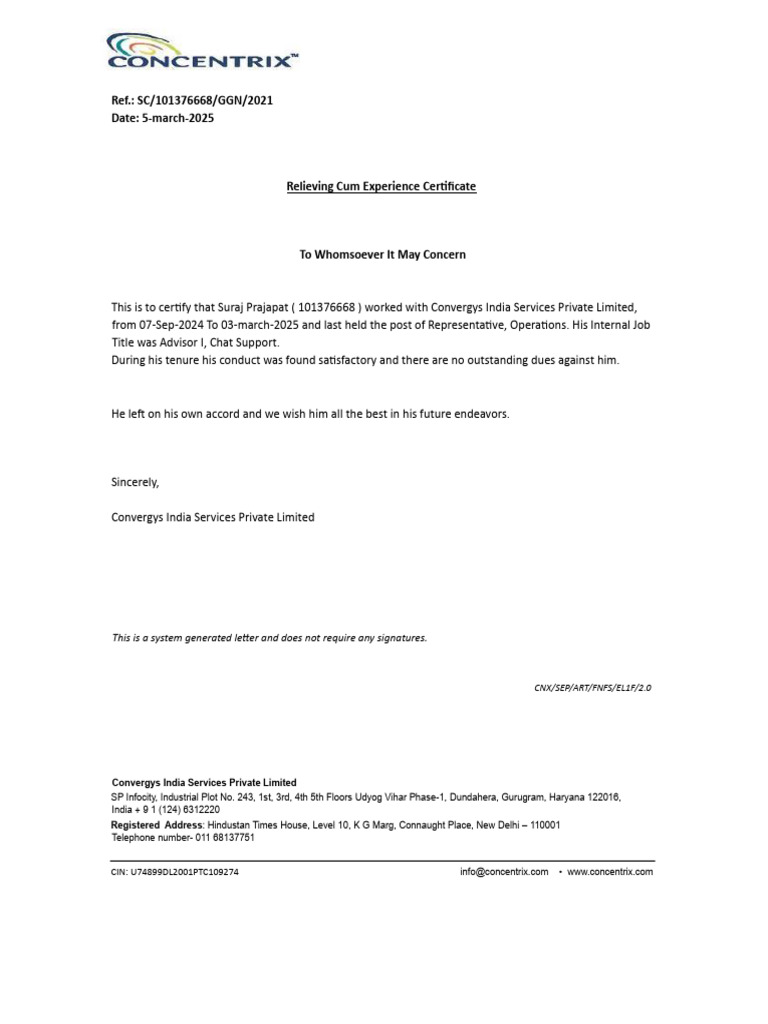 concentrix-experience-letter-Suraj | PDF