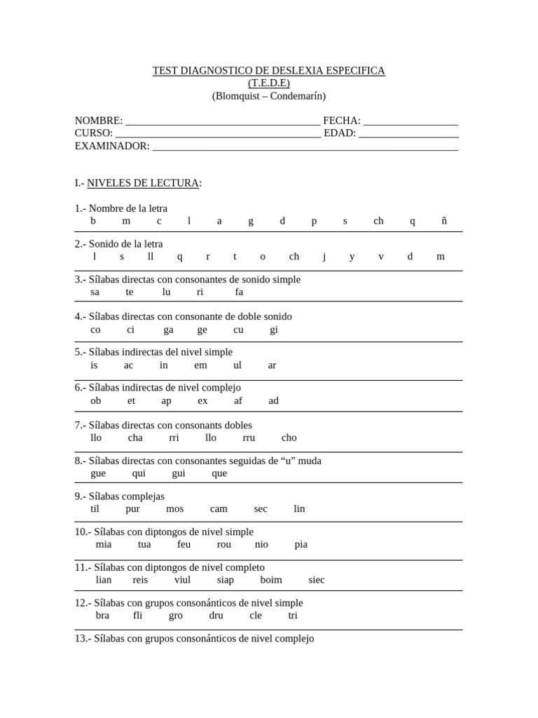 Test Diagnóstico de Deslexia T.E.D.E. | PDF | Fonética | Voz humana