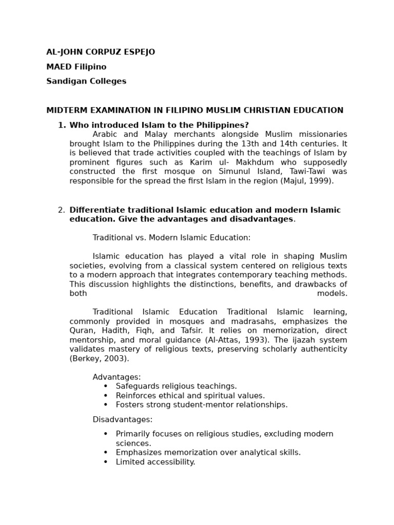 Midterm Exam Answer Key: Filipino Education | PDF | Faith | Philippines