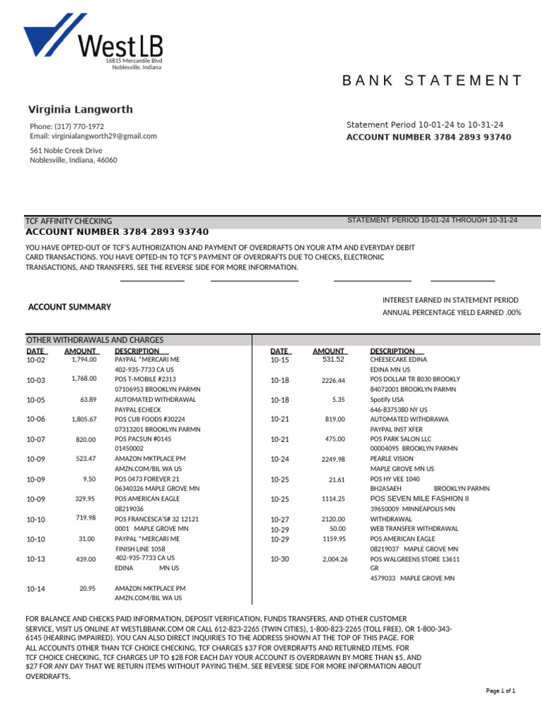 214 Virginia Langworth Statement | PDF | Overdraft | Service Industries