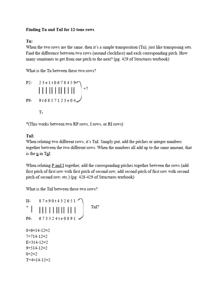 Finding Tn and TnI for 12-tone rows | PDF | Pitch (Music) | Music Theory