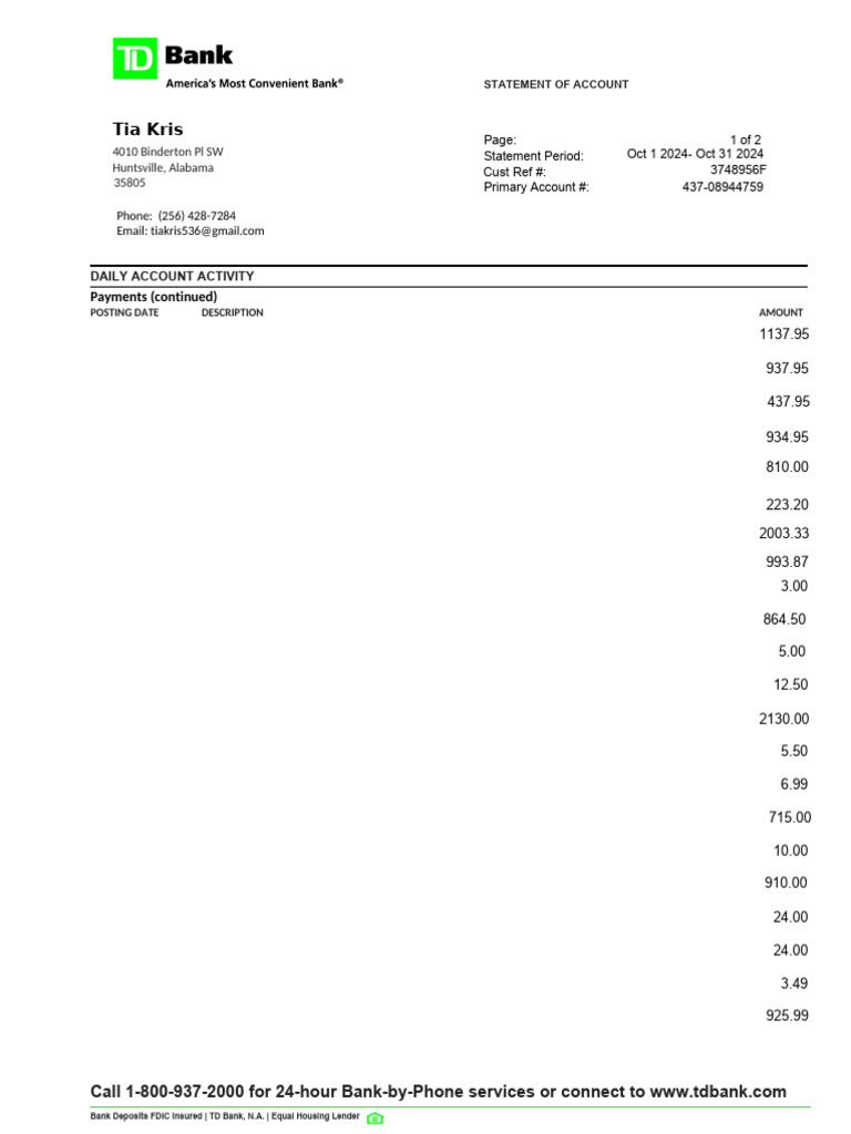 213 Tia Kris TD Bank Statement | PDF | Debit Card | Visa Inc.