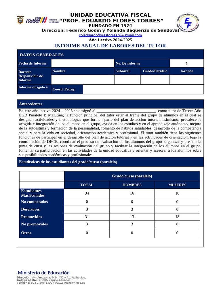 Formato - Informe Anual de Labores Del Tutor 2024-2025 | PDF | Salón de clases | Aprendizaje