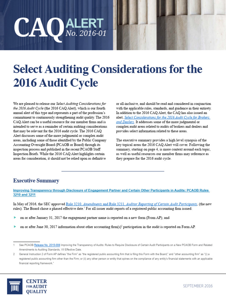 2016-01 Select Auditing Considerations For The 2016 Audit Cycle | PDF | Going Concern | Audit