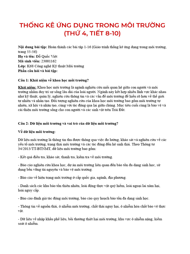 Bt Thống Kê Ứng Dụng Trong Môi Trường (Thứ 4, Tiết 8-10) - Đỗ Quốc Việt - Msv - 23001162 | PDF
