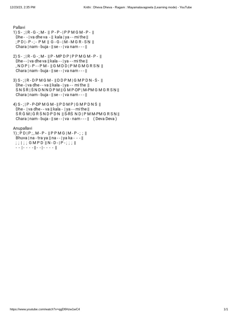Krithi - 1 Dheva Dheva - Ragam - Mayamalavagowla (Learning Mode) - YouTube | PDF