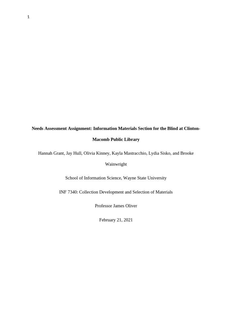 Needs Assessment Assignment | PDF | Focus Group | Disability