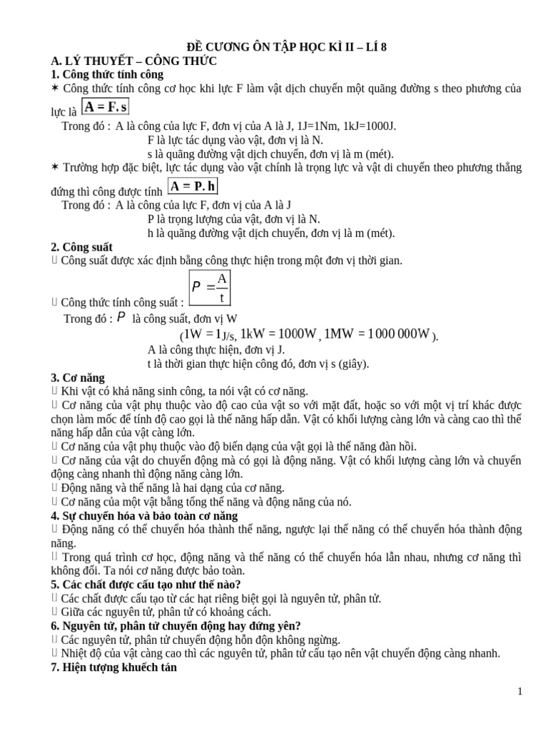 De Cuong On Tap Ki 2 - Li 8 | PDF