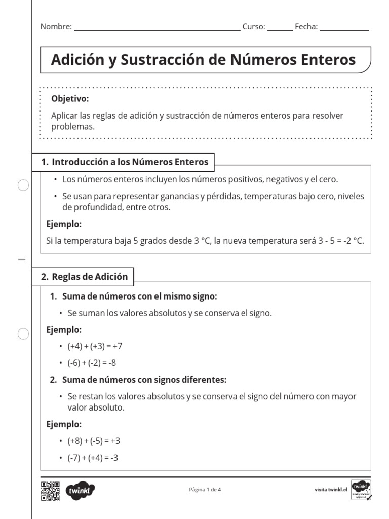 Guía Suma y Resta Enteros | PDF | Sustracción | Entero