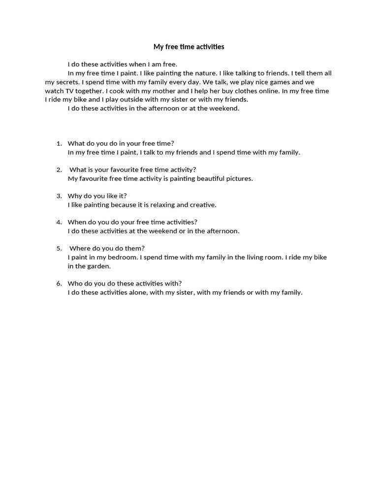 My Free Time Activities, Hobby | PDF