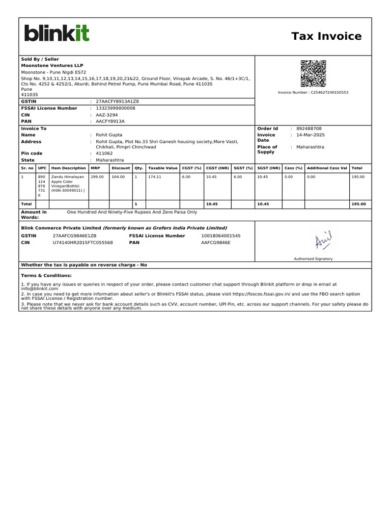 Blinkit Tax Invoice for Rohit Gupta | PDF | Invoice | Taxes