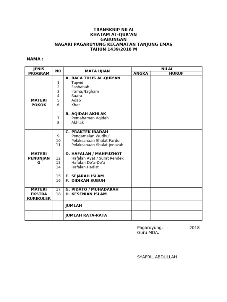 Transkrip Nilai Mda | PDF