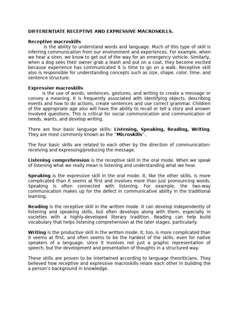 Receptive vs. Expressive Macroskills Explained | PDF | Speech ...