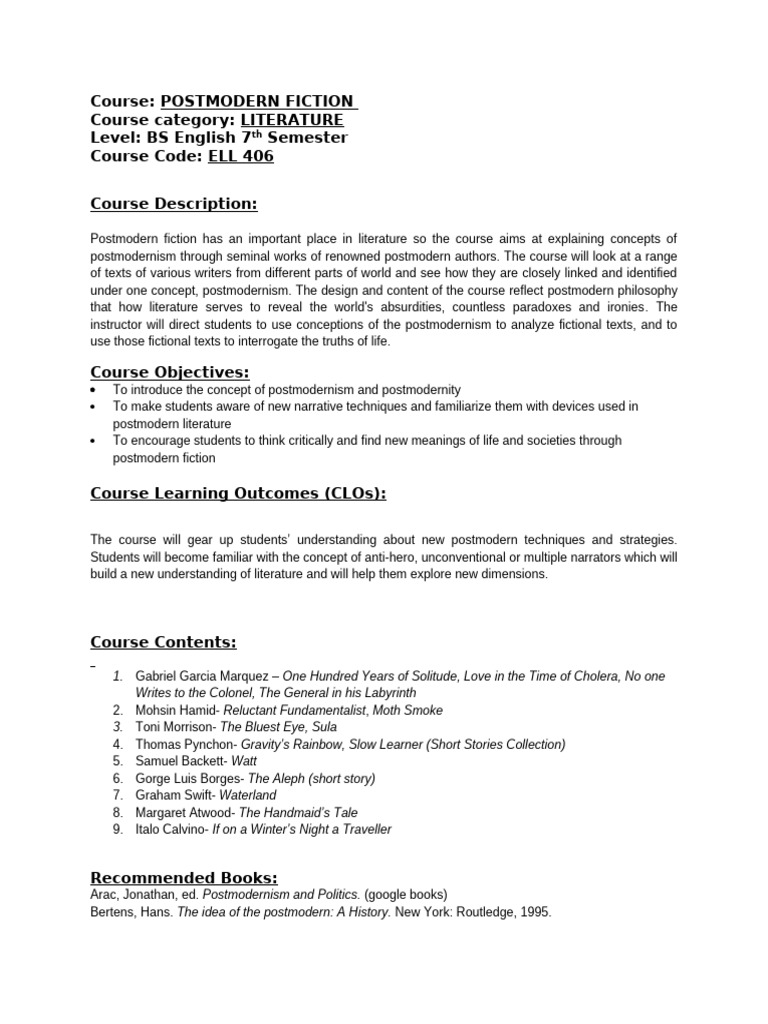 Final BS 7 Postmodern Fiction Course outline | PDF | Postmodern Literature | Postmodernism